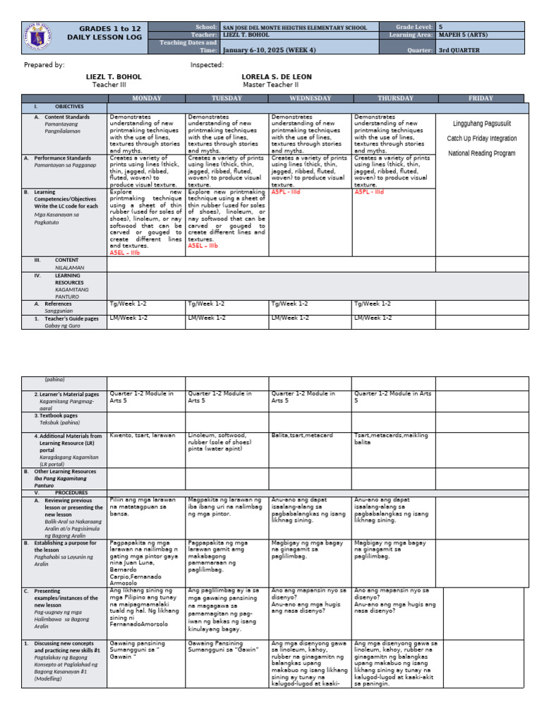 DLL - QRTR3 - Week4 - Mapeh Arts 5 | PDF