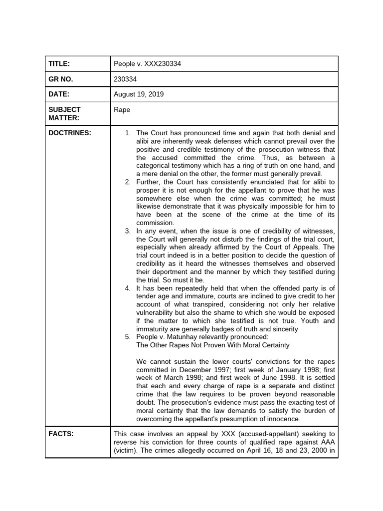 Appeal in People v. XXX230334 Rape Case | PDF | Rape | Witness