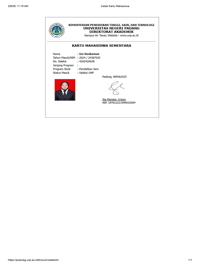 Kartu Mahasiswa Sementara UNP 2025 | PDF