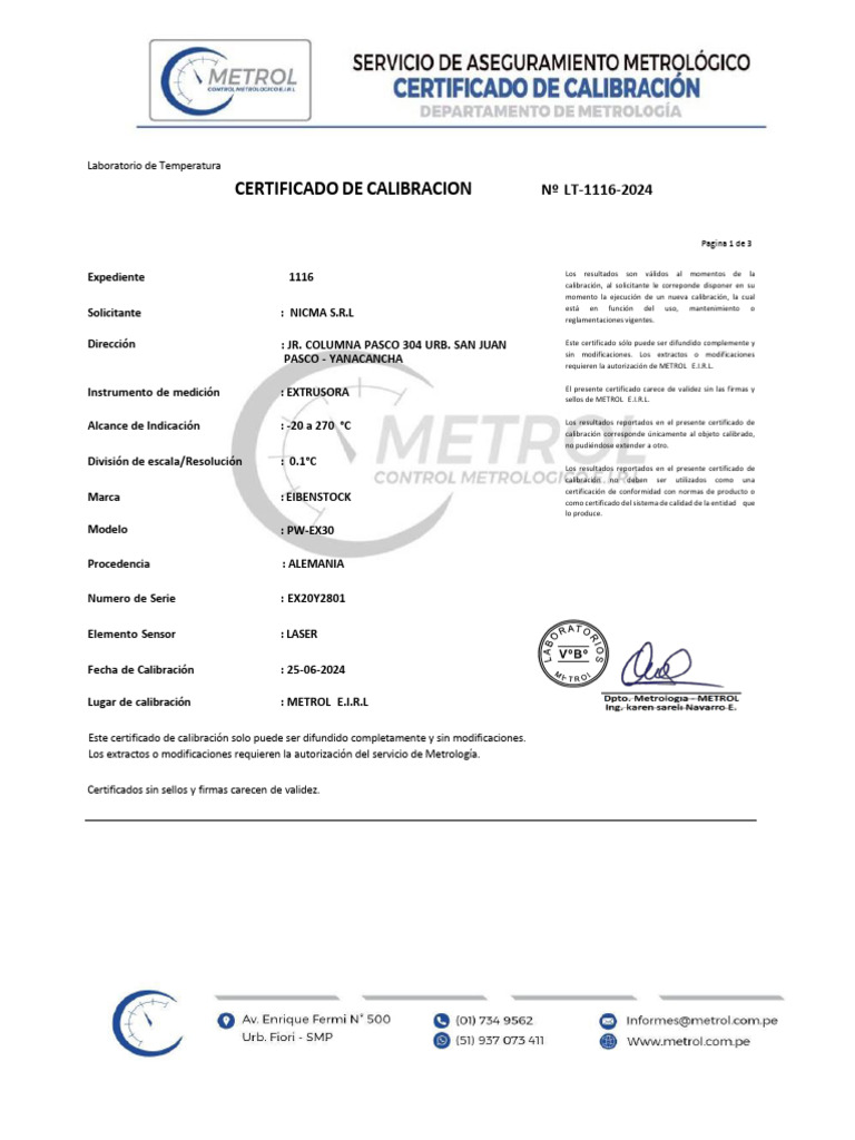 CERTIFICADO DE CALIBRACION DE EQUIPO EXTRUSORA | PDF | Calibración | Medición