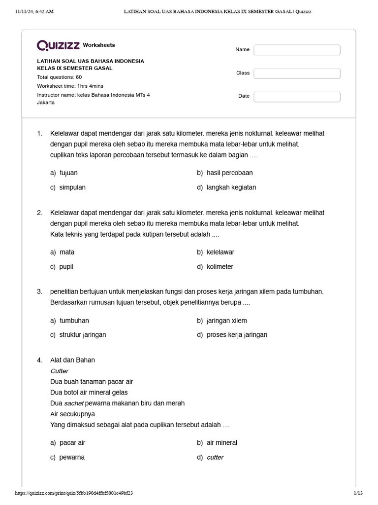 LATIHAN SOAL UAS BAHASA INDONESIA KELAS IX SEMESTER GASAL - Quizizz | PDF