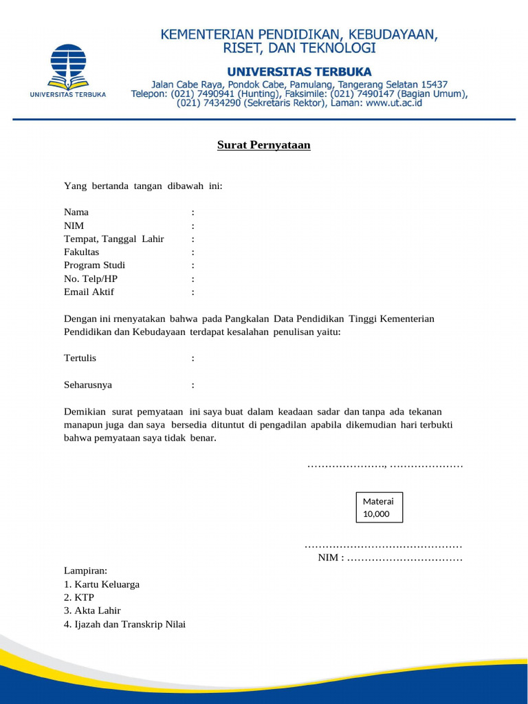 Surat Pernyataan Perubahan PDDIKTI 2023 | PDF