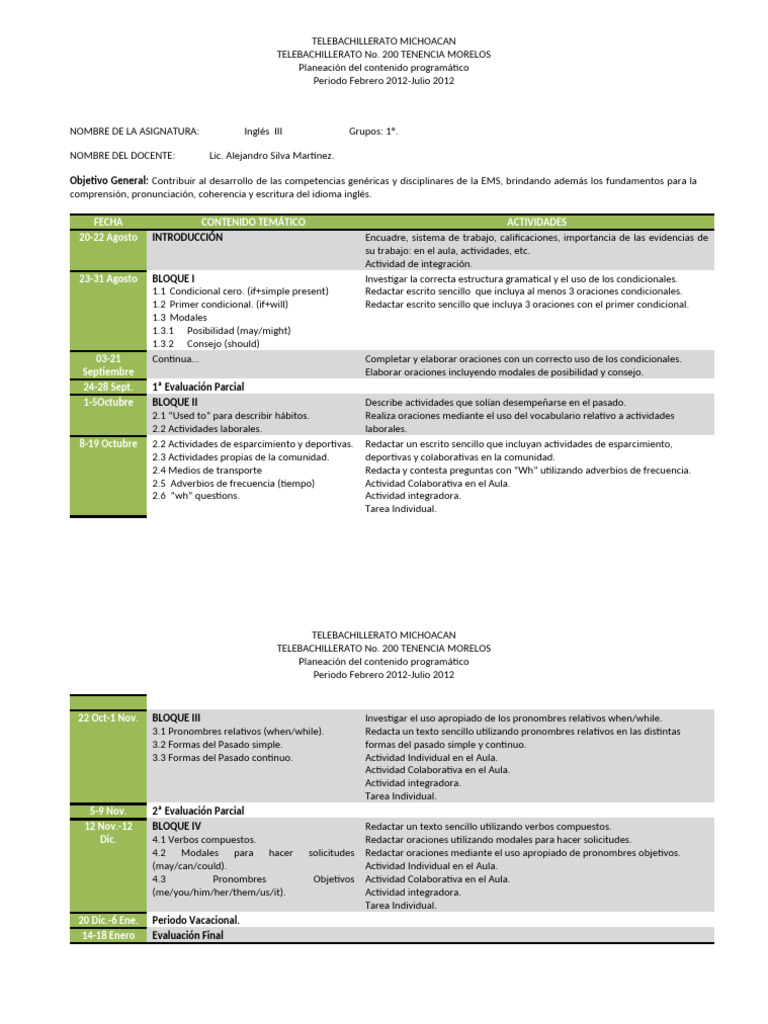 Planeación Inglés III Telebachillerato | PDF | Idiomas | Estudios de ...