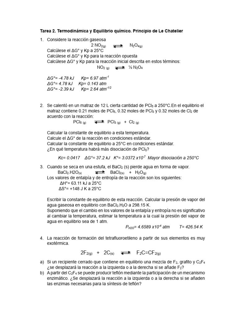Tarea 2 Termodinamica y Equilibrio Quimico y Principio de Le Chatelier 2024-02 | PDF | Energía ...