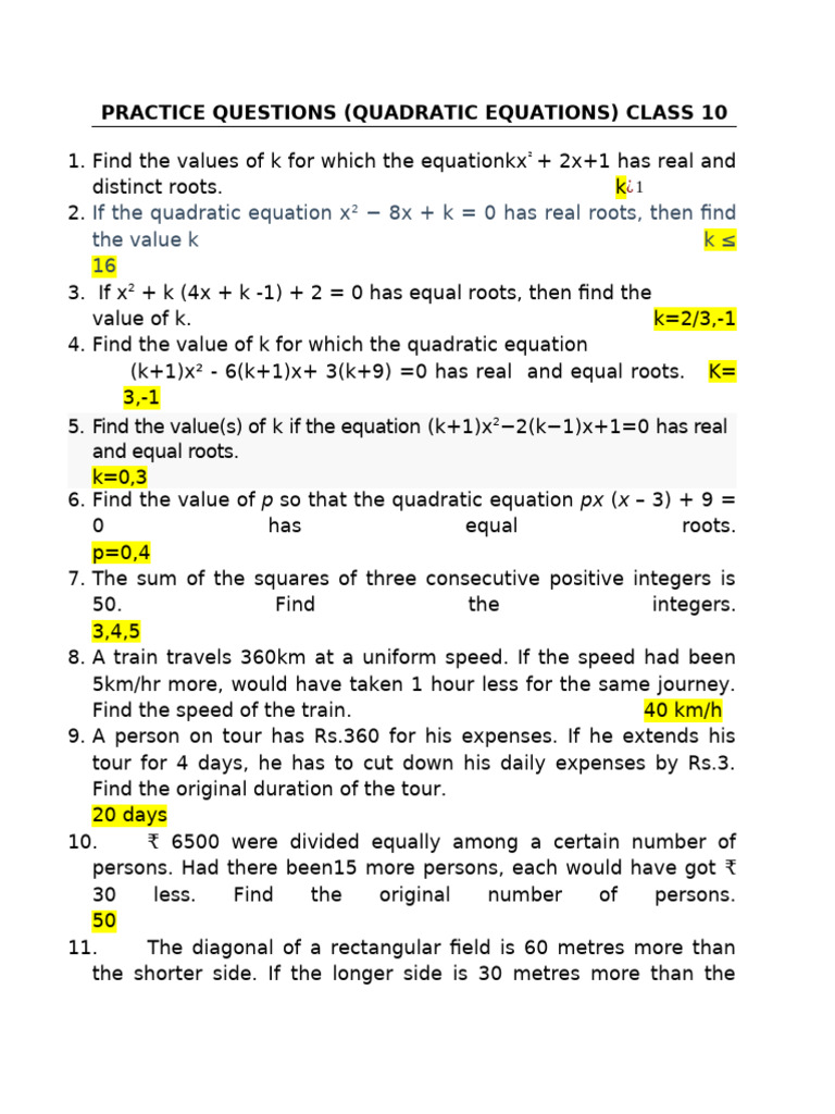 PRACTICE QUESTIONS - Quadratic Eqns | PDF | Speed | Arithmetic