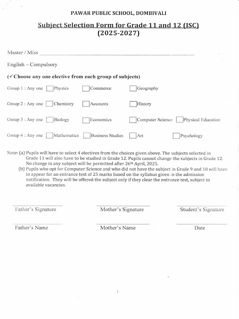 10 - ISC Subject Selection Form For Grade 11 | PDF