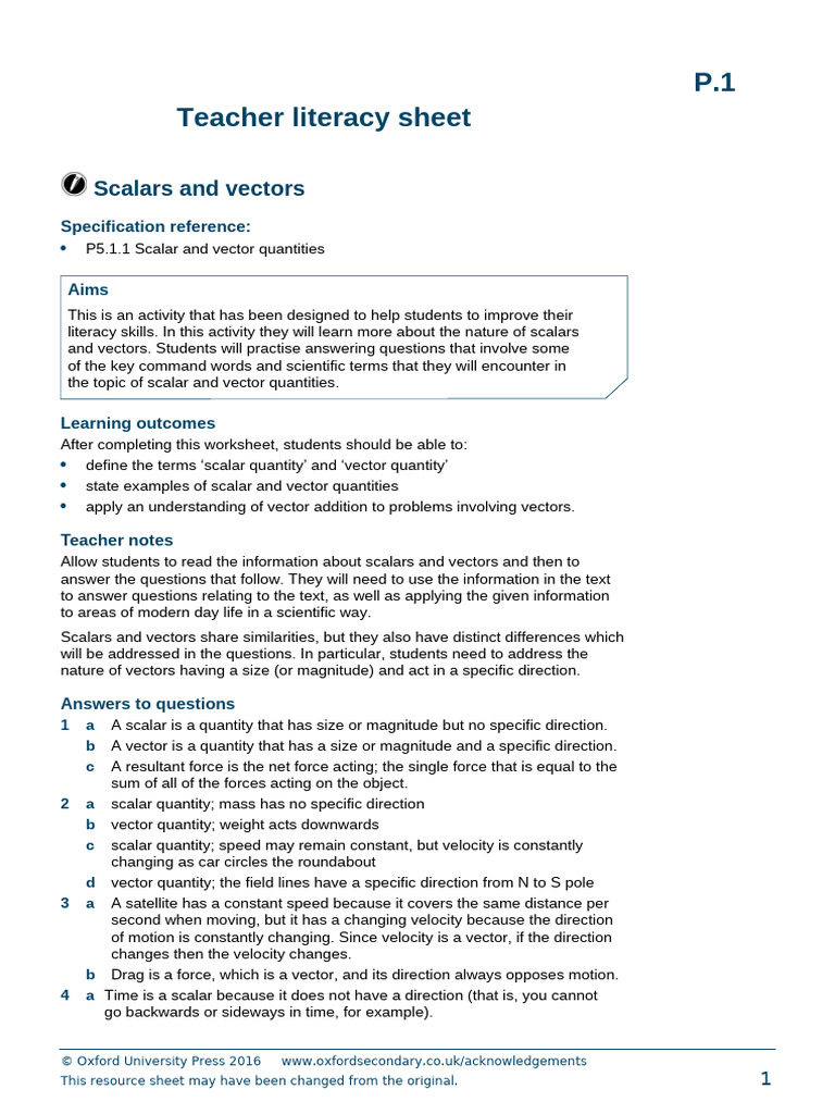 Scalars and Vectors Literacy Worksheet | PDF | Euclidean Vector | Force