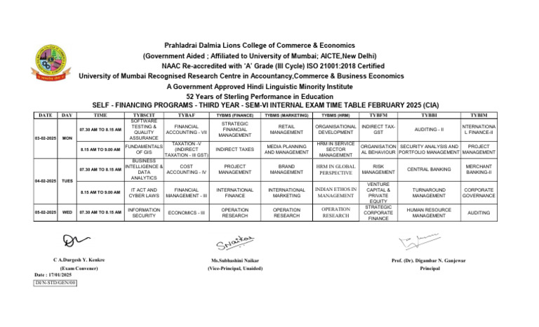 SFC - Ty Sem.v Regular Internal Exam Time Table Feb.2025 (CIA) | PDF | Business Economics | Business