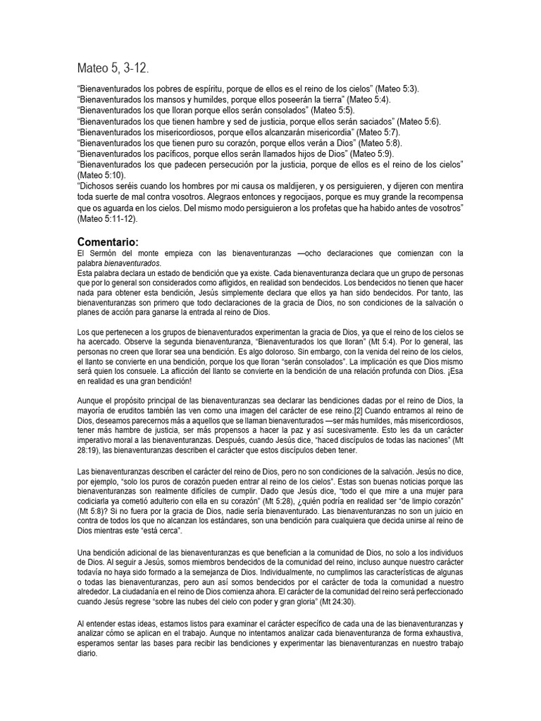 Mateo 5, 3 - 12 Las Bieneaventuranza | PDF | Bienaventuranzas | Reinado y reino de dios