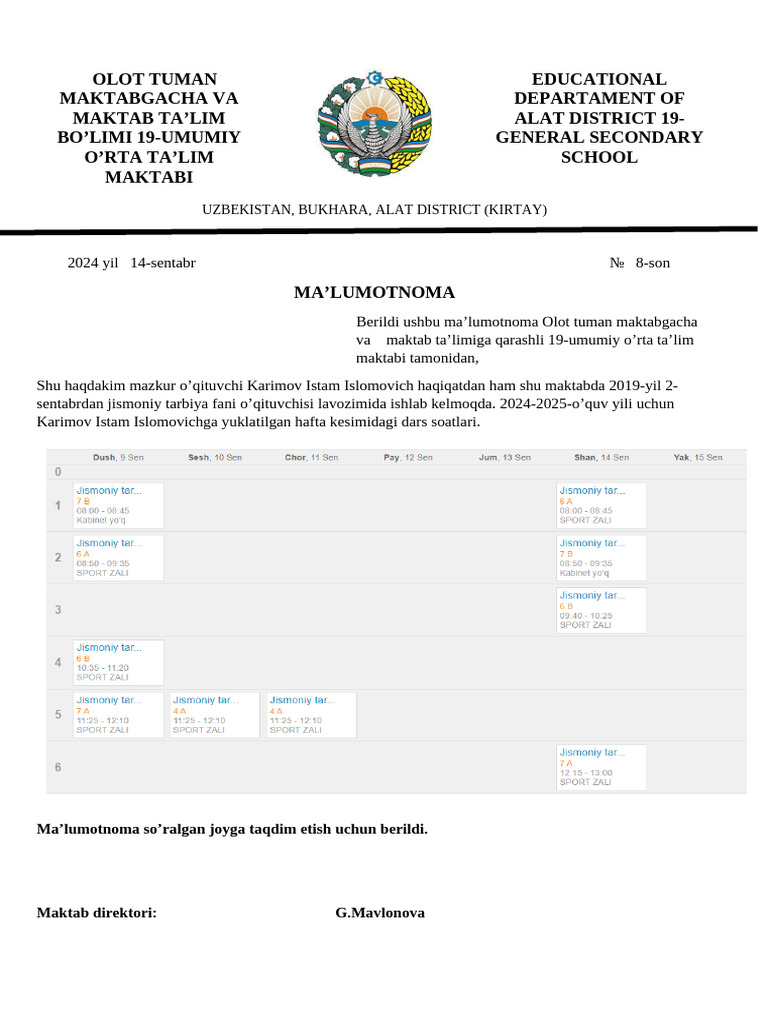 Olot Tuman Maktabgacha Va Maktab Ta | PDF
