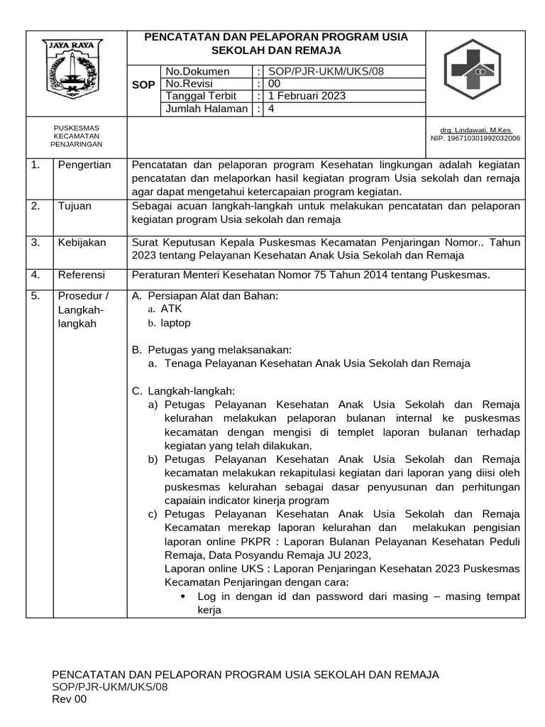 Sop Pencatatan Dan Pelaporan Program Usia Sekolah Dan Remaja 2023 | PDF