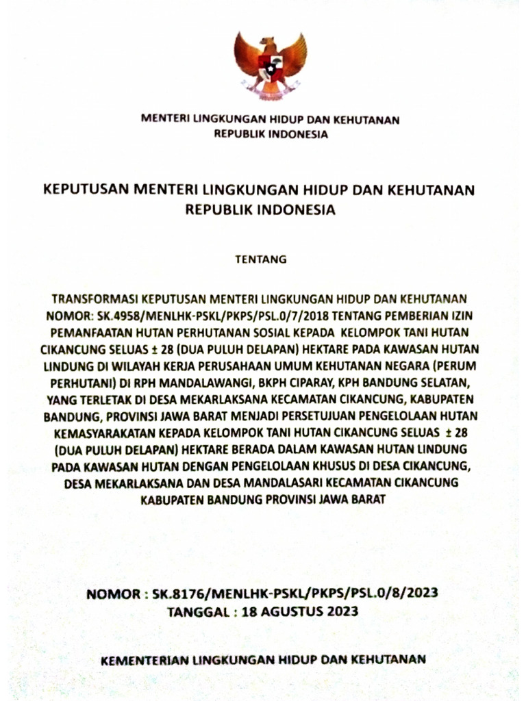 SK Persetujuan Pengelolaan Hutan Kemasyarakatan Dari KLHK Untuk KTH Cikancung Tahun 2023 | PDF