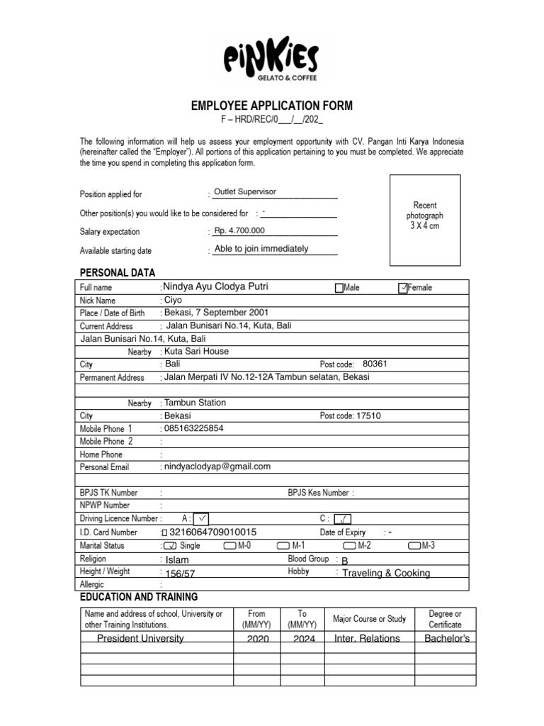 HRD Form 001 Employee Application Gen - Admin | PDF | Medical ...