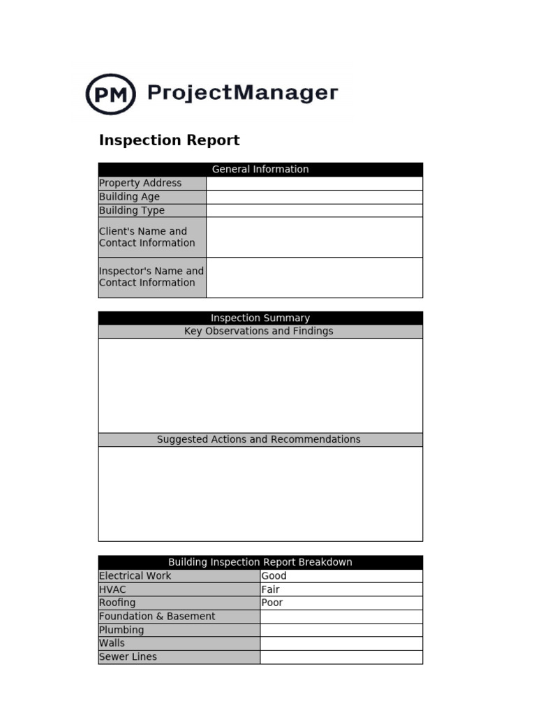 Inspection Report Template Excel ProjectManager WLNK-1 | PDF