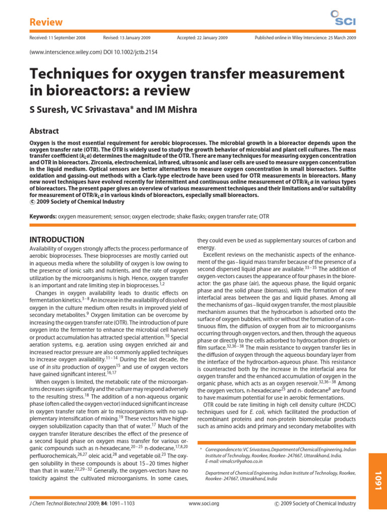 Techniques For Oxygen Transfer Measurement in Bioreactors | PDF ...