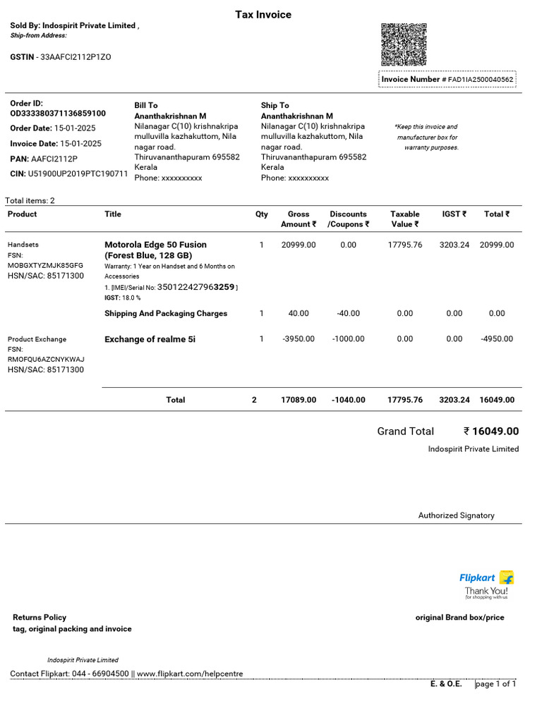 Invoice for Motorola Edge 50 Fusion | PDF | Payments