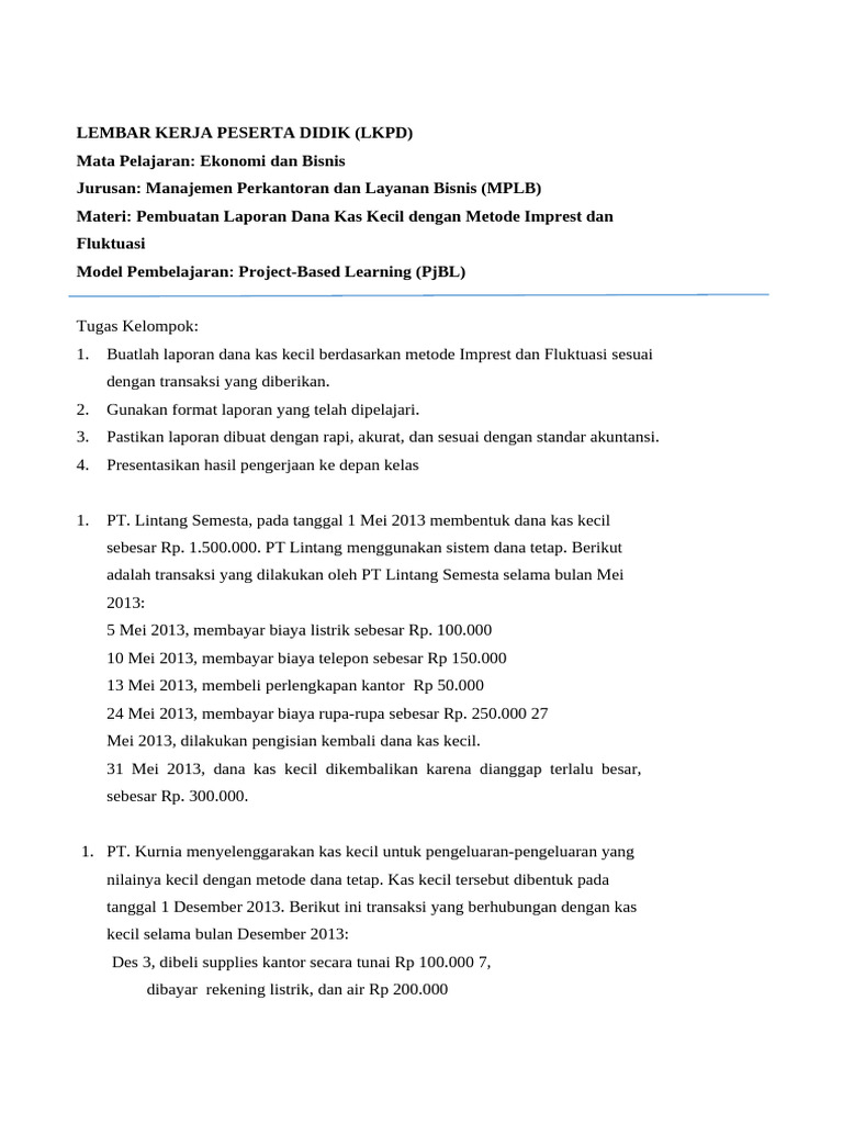 LKPD Pembuatan Laporan Kas Kecil Ekonomi | PDF