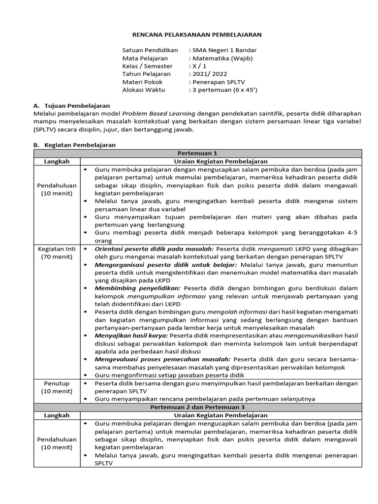(Penerapan SPLTV) RPP Mat Wajib 2021-2022 | PDF