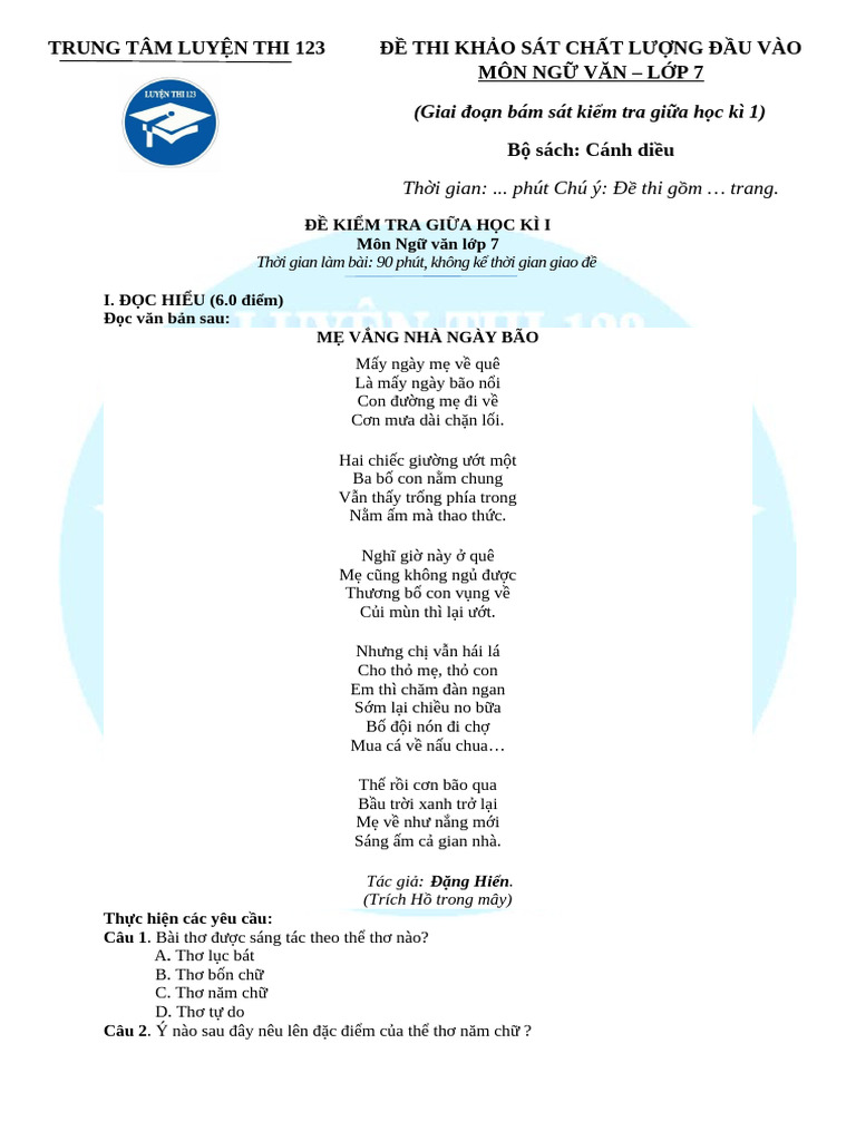 đề ĐGNL đầu vào 7 bám sát GKI_ CD | PDF