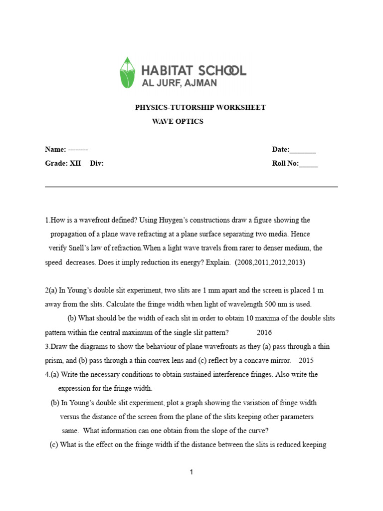 Grade 12 Physics Tutorship-Wave Optics | PDF | Diffraction | Wavelength
