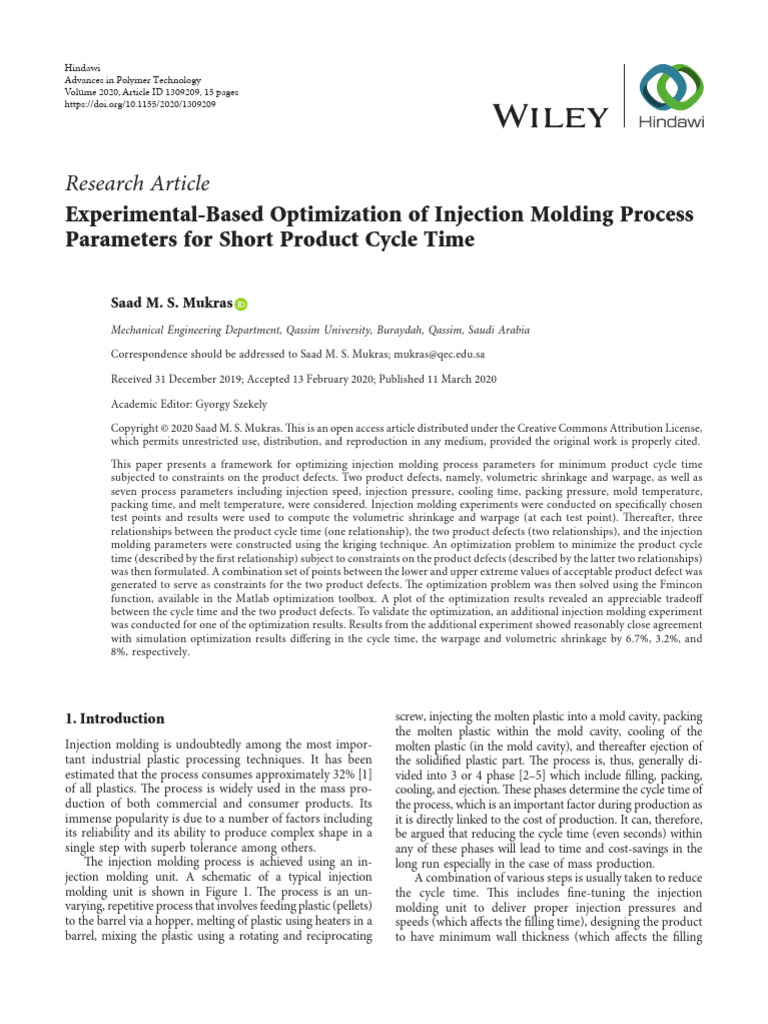 Experimental-Based Optimization of Injection Molding | PDF