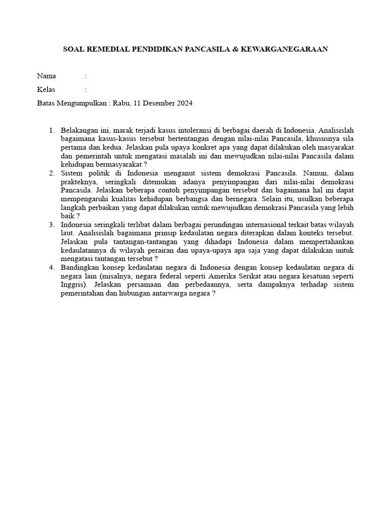 Soal Remedial Pendidikan Pancasila & Kewarganegaraan | PDF