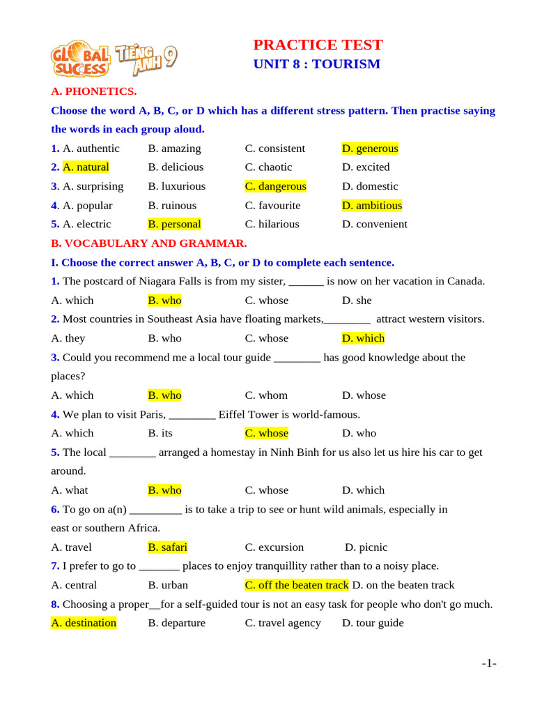 Unit 8 Tourism Practice Test | PDF | Tourism | Sports