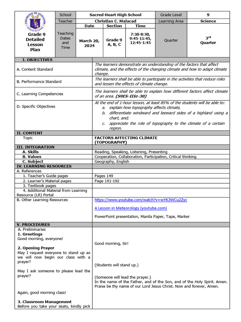 TOPOGRAPHY_FACTORS AFFECTING CLIMATE_LESSON PLAN-GRADE 9 | PDF ...