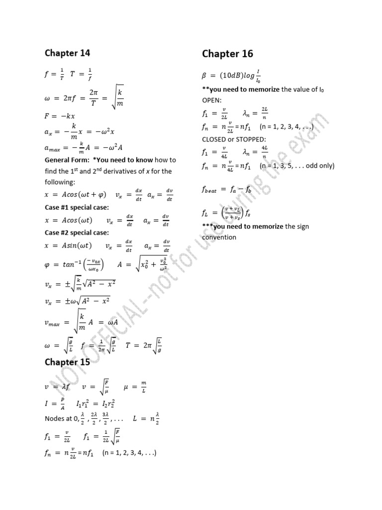Chapter 14-16 Typed Equations For Test 1 With Watermark | PDF