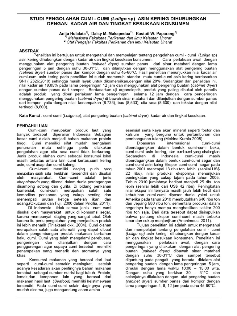 STUDI PENGOLAHAN CUMI - CUMI (Loligo sp) ASIN KERING | PDF