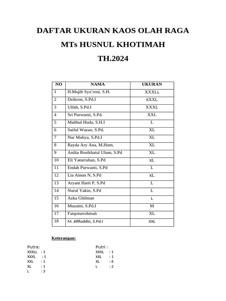 DAFTAR UKURAN KAOS OLAH RAGA - Fix | PDF