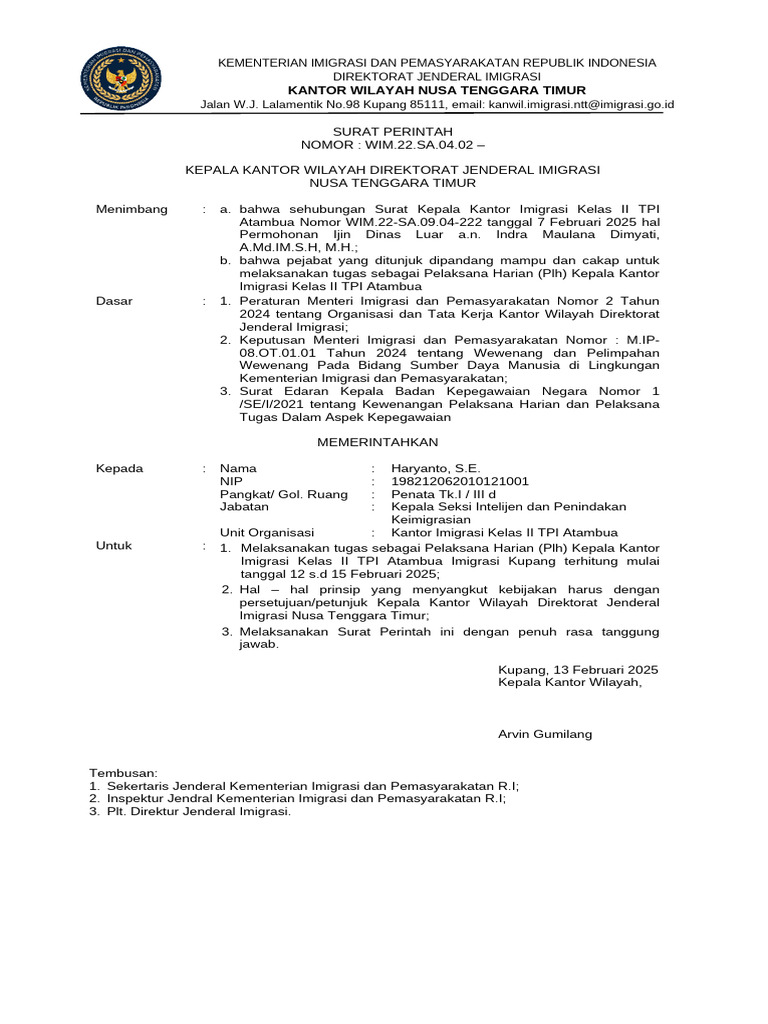 Surat Perintah Plh. KaKanim Atambua | PDF