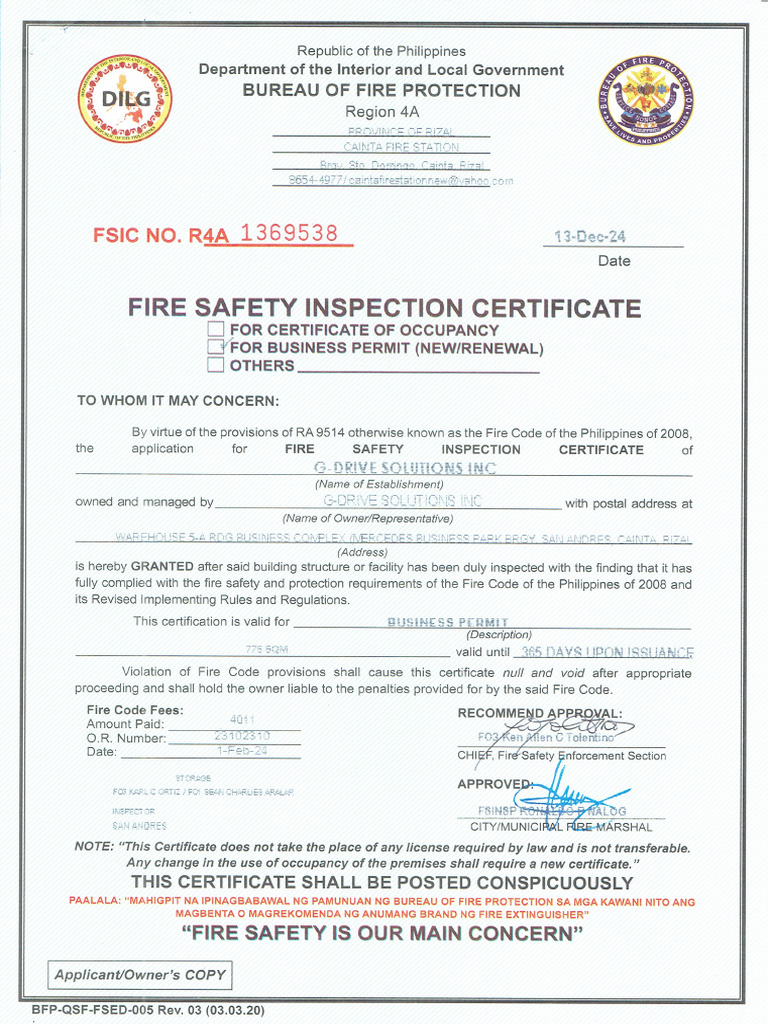 Fire Safety Certificate | PDF