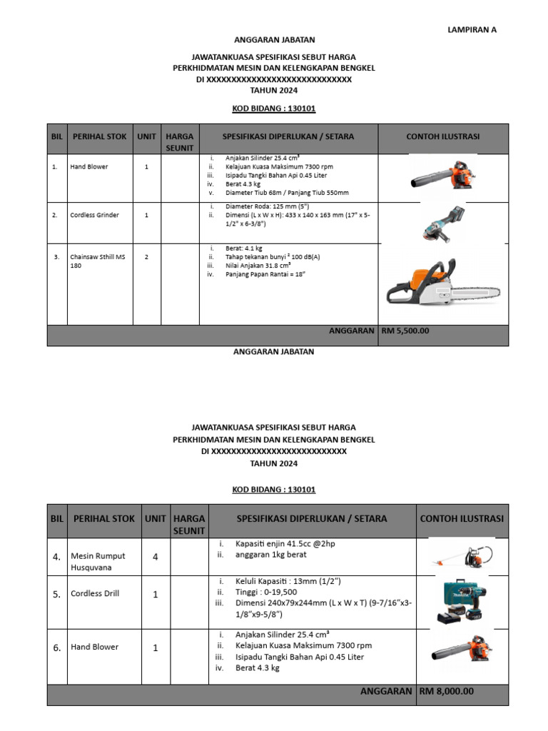 Spesifikasi Mesin dan Peralatan 2024 | PDF