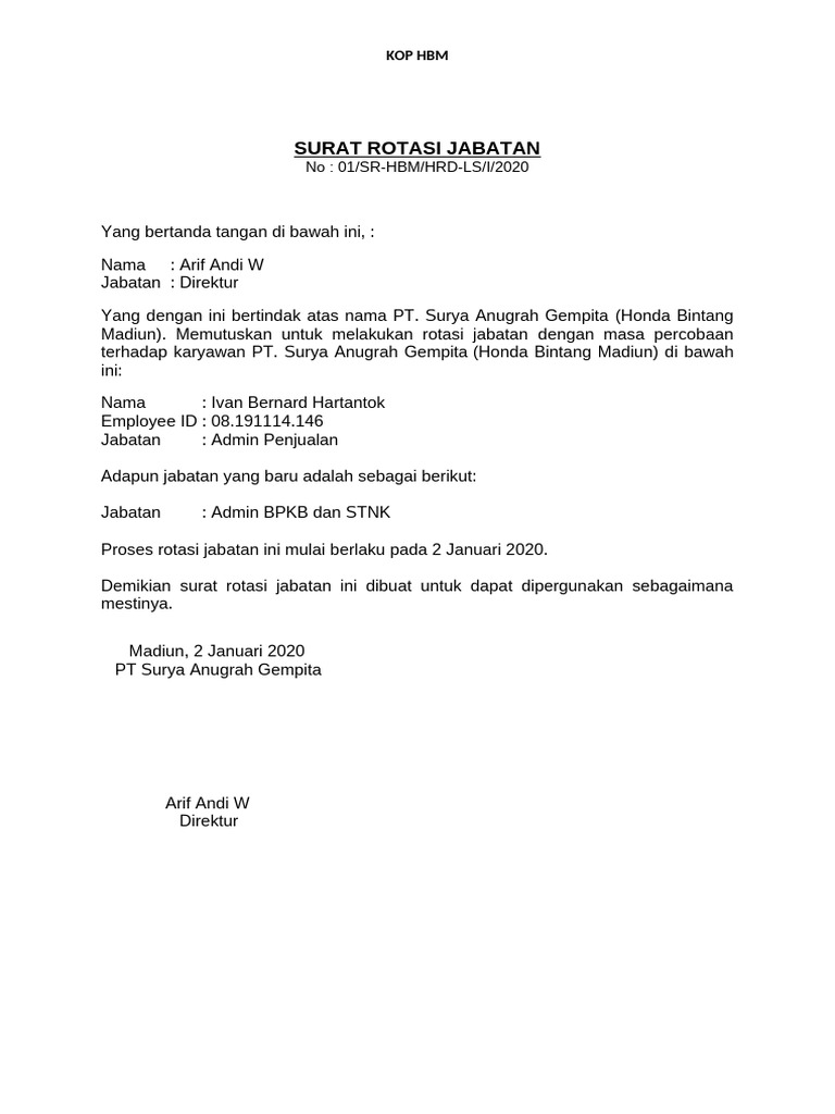 Surat Rotasi Jabatan Karyawan HBM | PDF