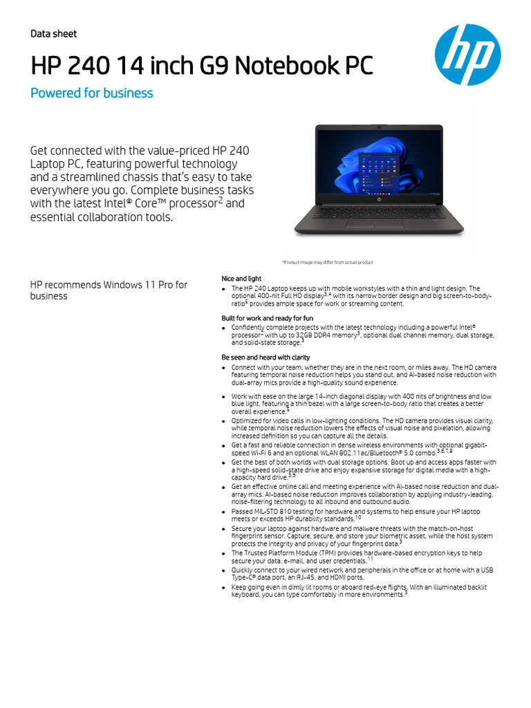 HP 240 14 Inch G9 Notebook PC Data Sheet | PDF | Laptop | Wi Fi