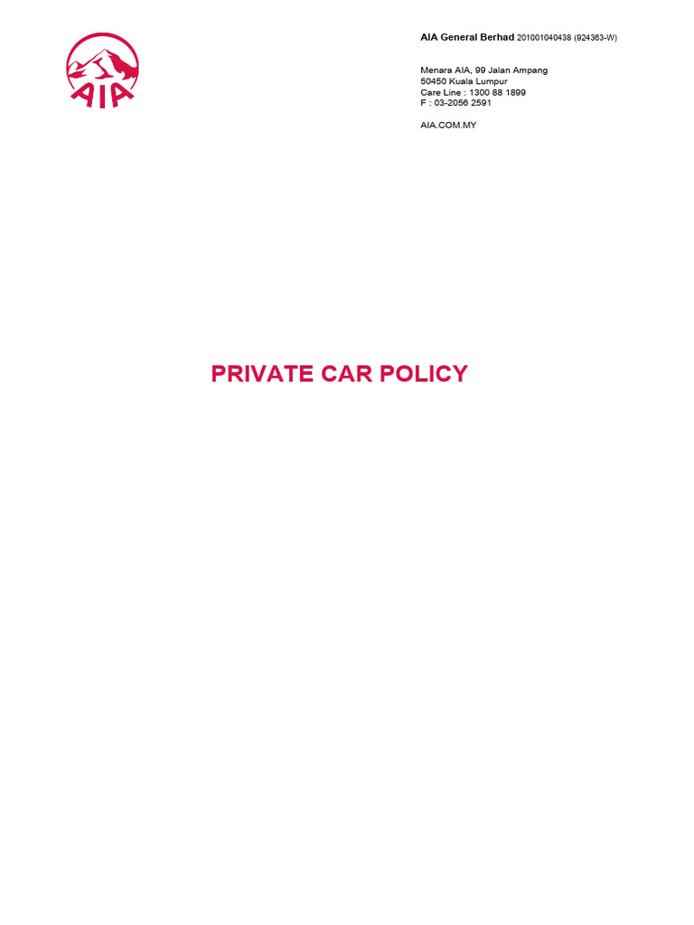 AIA Private Car Insurance Policy Guide | PDF | Insurance | Liability ...