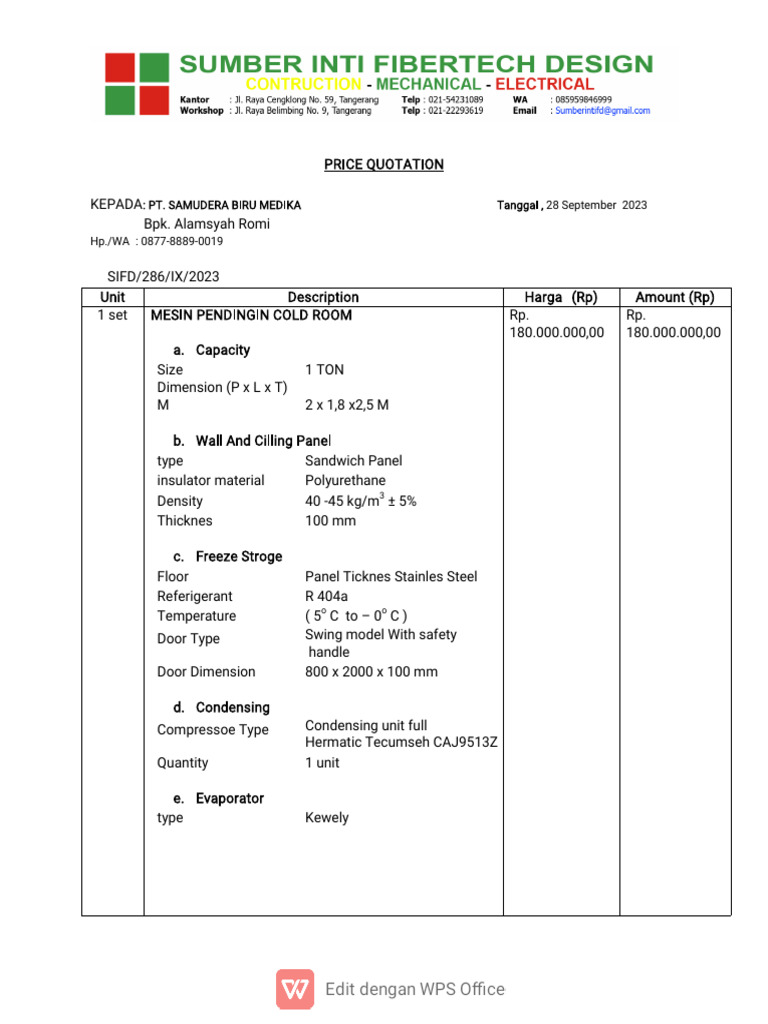 Price Quotation for Cold Room Unit | PDF