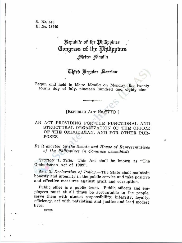 RA 6770, Ombudsman Act of 1989 | PDF | Philippines