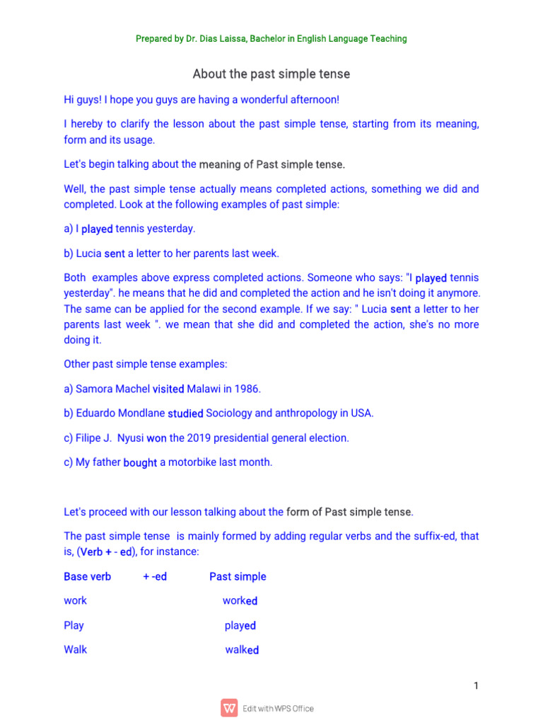 Extra Lesson About Past Simple - WPS Office | PDF