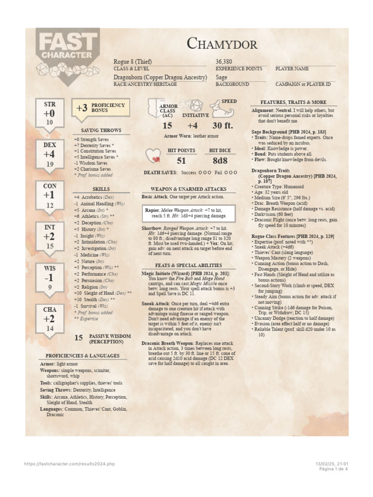 Fast Character - Dragonborn (Copper Dragon Ancestry) Rogue 8 (Thief ...