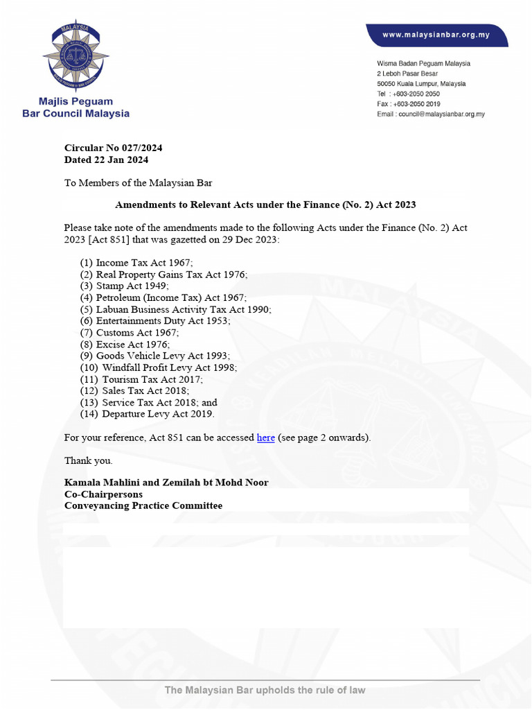 Circular No 027-2024 - Amendment To Finance Act - RPGT, Income Tax Etc ...