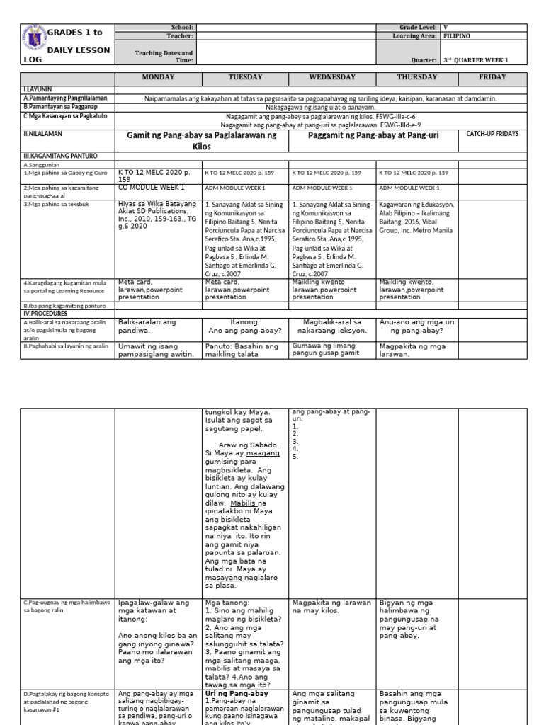 DLL - Filipino 5 - Q3 - W1 | PDF