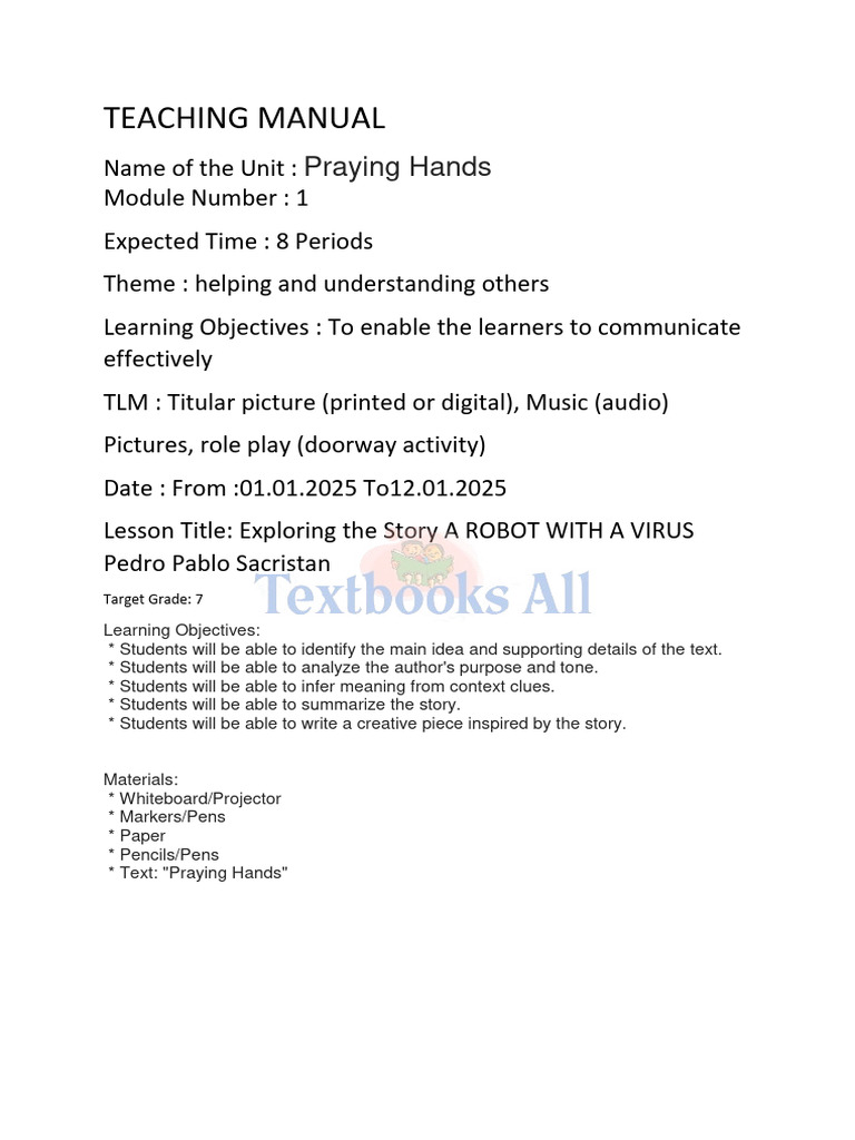 Std 7 English Teaching Manual: Praying Hands | PDF | Reading ...