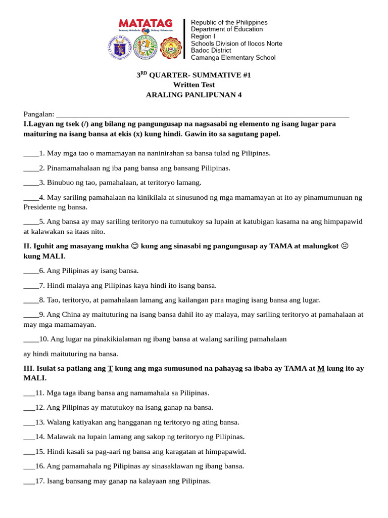 3RD QUARTER-summative #1 AP | PDF