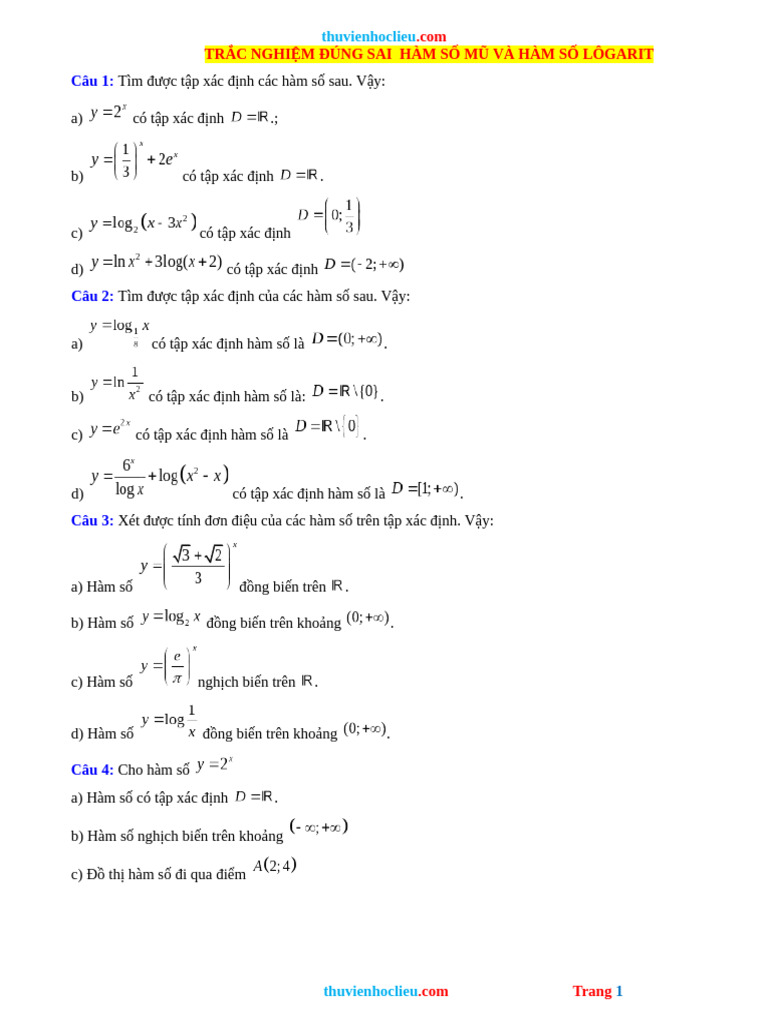 Thuvienhoclieu.com 15 Cau Trac Nghiem Dung Sai HAM SO MU VA HAM SO LOGARIT | PDF