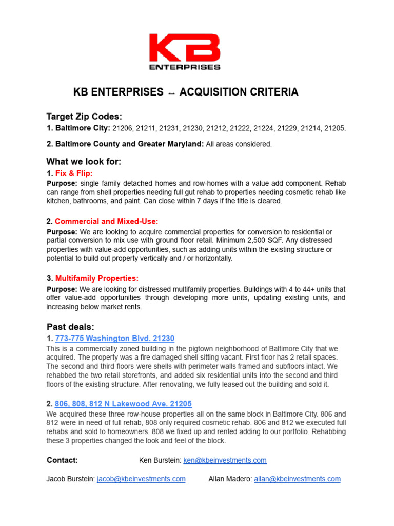 KB Enterprises Acquisition Criteria - Allan | PDF