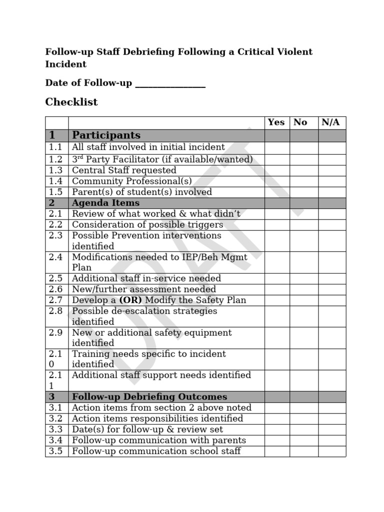 Checklist 2 Follow Up Debriefing After A Critical Incident | PDF
