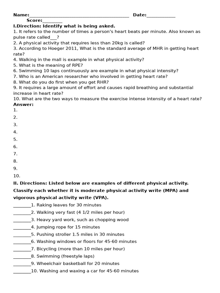 Heart Rate and Physical Activity Quiz | PDF
