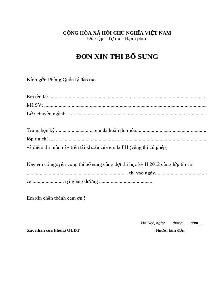 MAU - Don Xin Dang Ky Thi Bo Sung | PDF